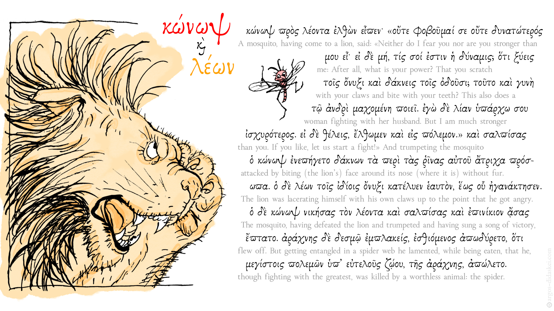 Aesop’s Fables: κώνωψ καὶ λέων (Mosquito and Lion) – Argos Didaskei: Ancient Language Learning
